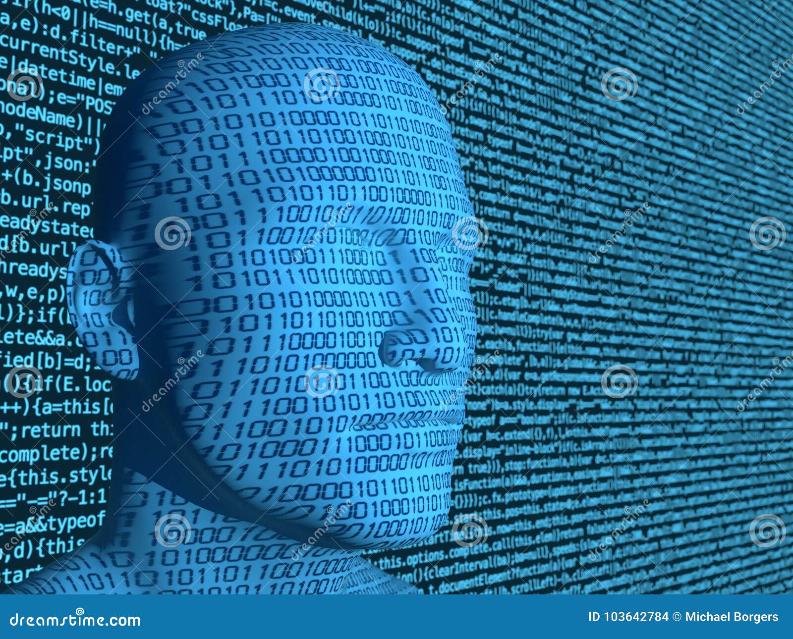 Binary Code Projected on a Blue Head in Front of a Computercode Stock ...
