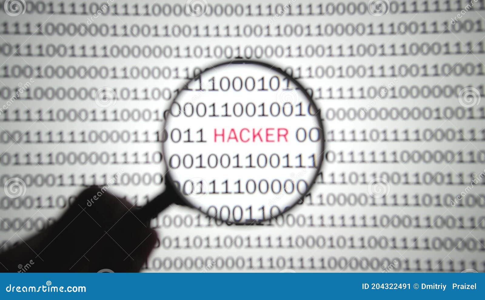 Binary Code with a Red Label Hacker is Viewed with a Magnifying Glass ...