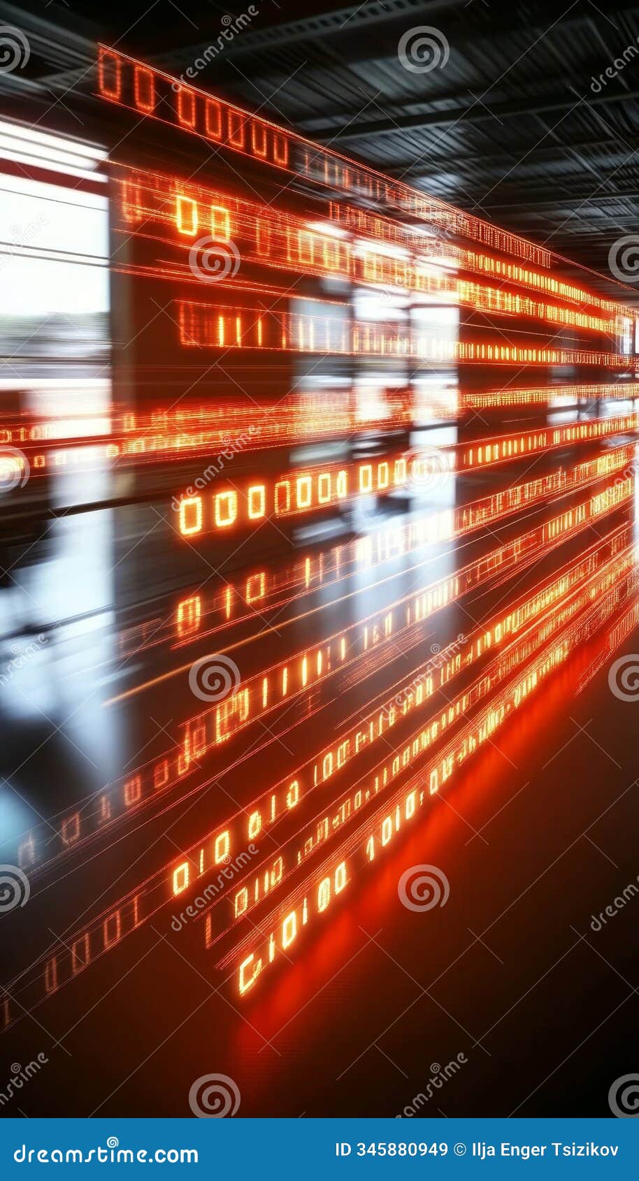 Binary Code Stream in Motion, Digital Data Flow in Cyberpunk Office ...