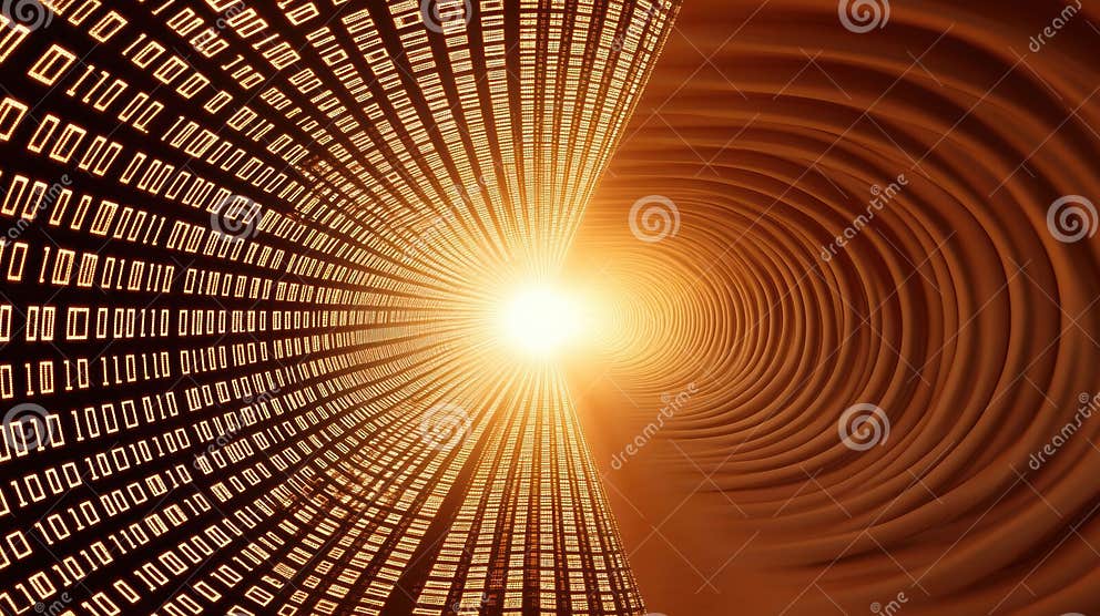 Binary Code Streams through a Digital Tunnel, Symbolizing Data Transfer and Technology, AI Stock ...