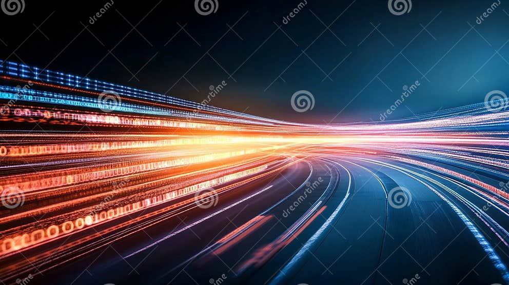Binary Code Streams, Light Speeding through Futuristic Tunnel, Digital ...