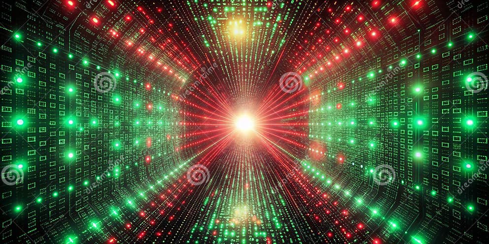 Binary Code Tunnel Green and Red Glowing Particles Form a Futuristic Tunnel AI-Created Content ...
