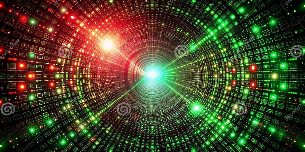 Binary Code Tunnel Green and Red Glowing Particles Form a Futuristic Tunnel AI-Created Content ...