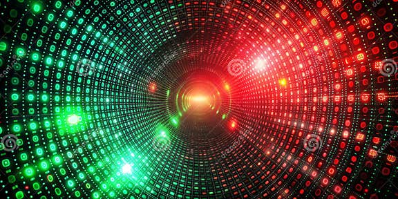 Binary Code Tunnel Green and Red Glowing Particles Form a Futuristic ...