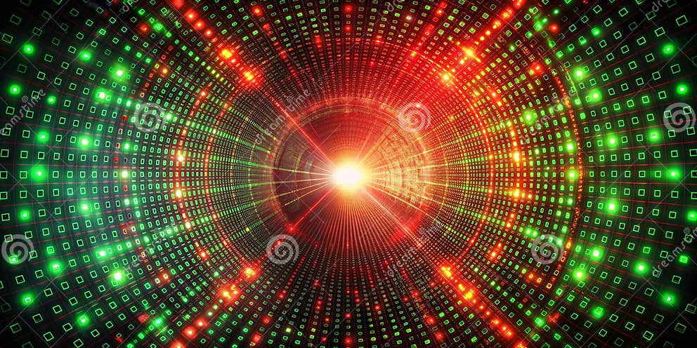 Binary Code Tunnel Green and Red Glowing Particles Form a Futuristic ...