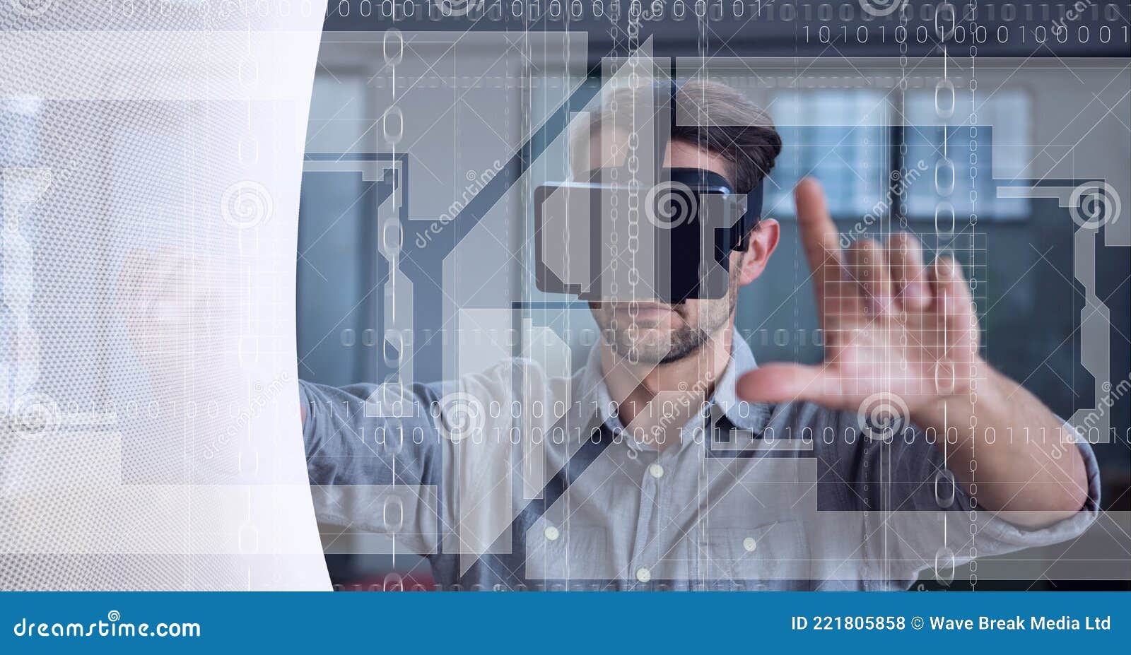 Binary Coding Data Processing Against Man Wearing Vr Headset Against White Technology Background ...