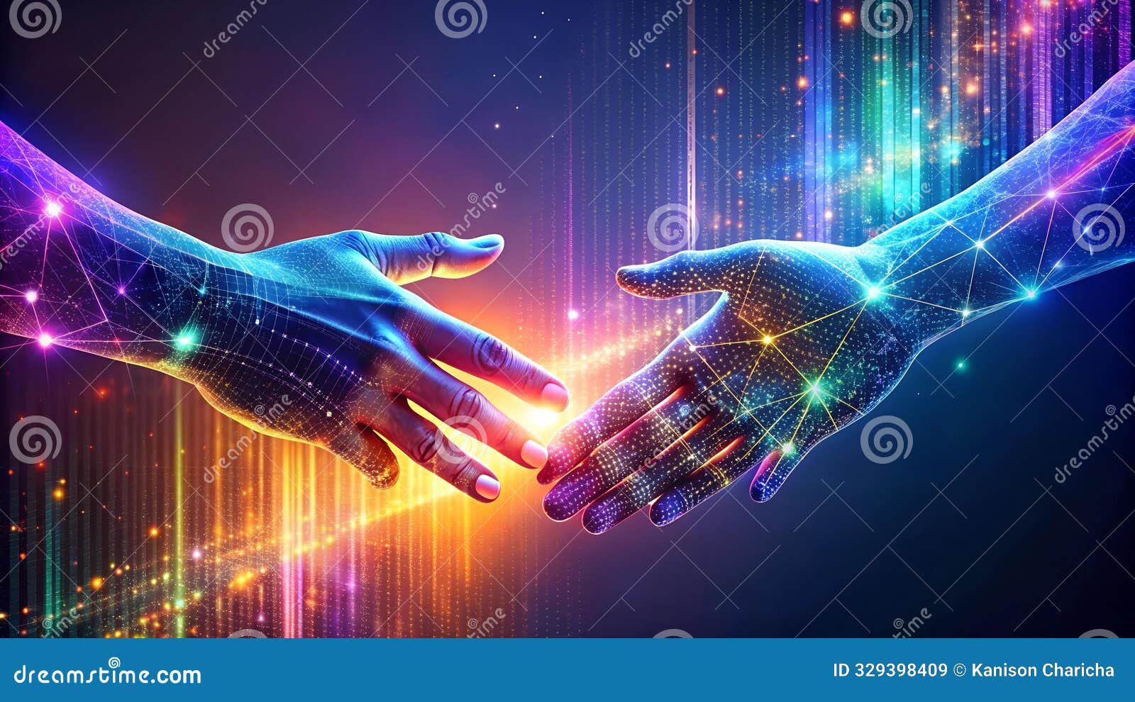 Binary Handshake: a Digital Embrace in a Neon-Lit Landscape AI ...