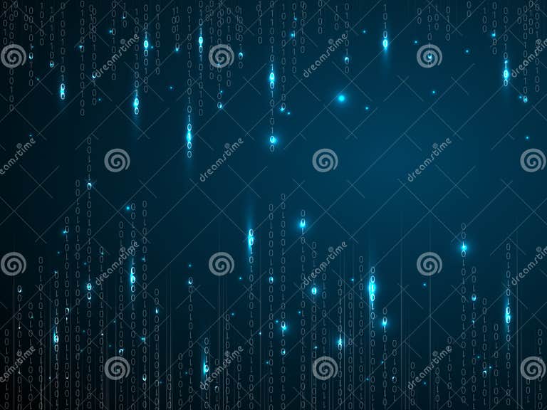 Binary Matrix Background. Falling Digits on Dark Blue Backdrop. Running Random Numbers. Vector ...