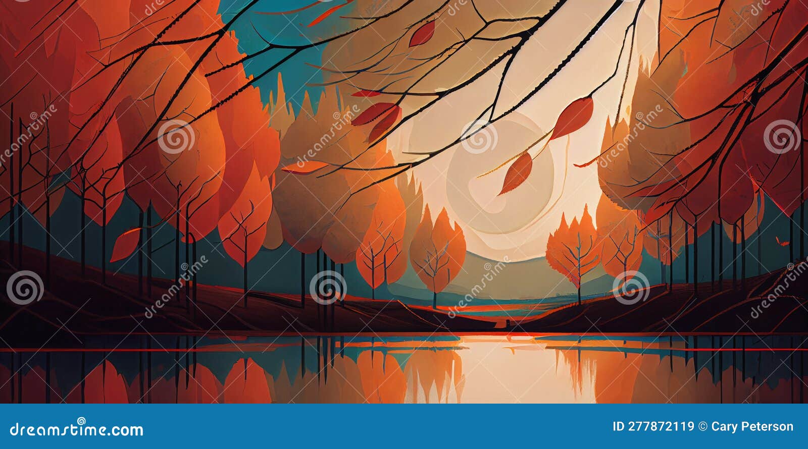 Binary Sunset: a Flat Design Scenery of a Lake Surrounded by Trees with ...