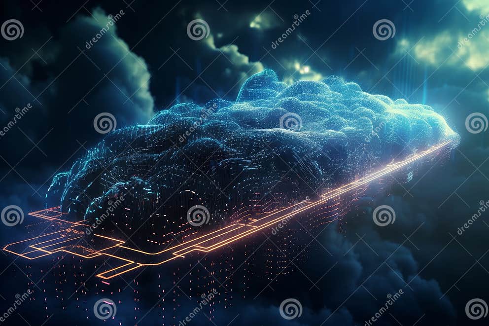 Binary Trail Behind Neon Cloud: High-Tech Cloud Computing with Octane Render Stock Illustration ...