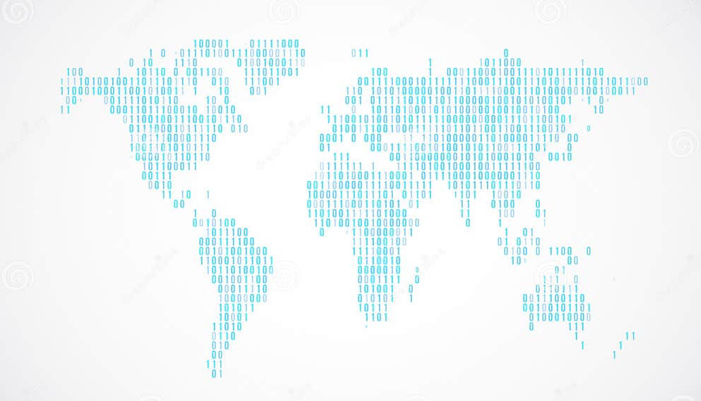Binary World Map Pattern in Blue on White Background, Showcasing Global ...