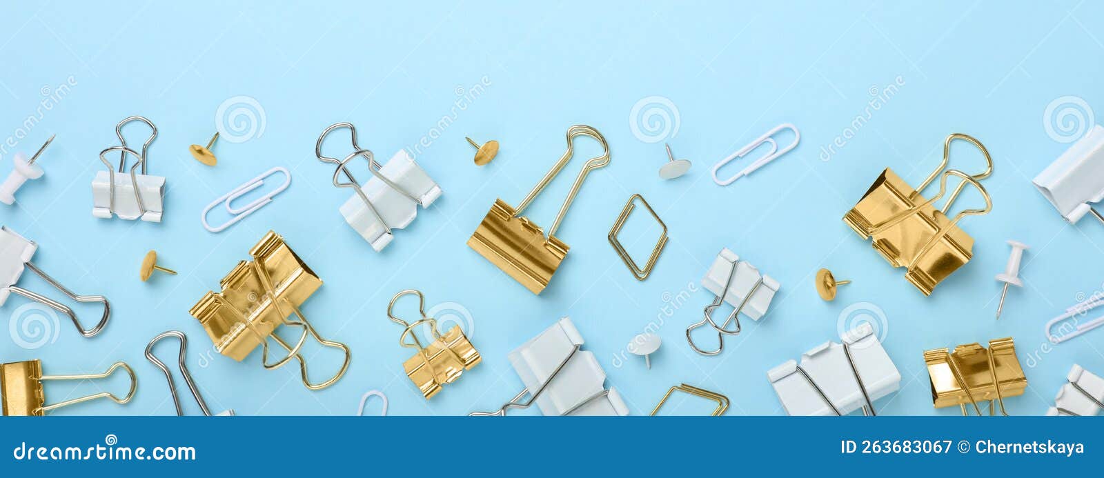 Binder Clips on Light Blue Background, Flat Lay. Banner Design Stock ...
