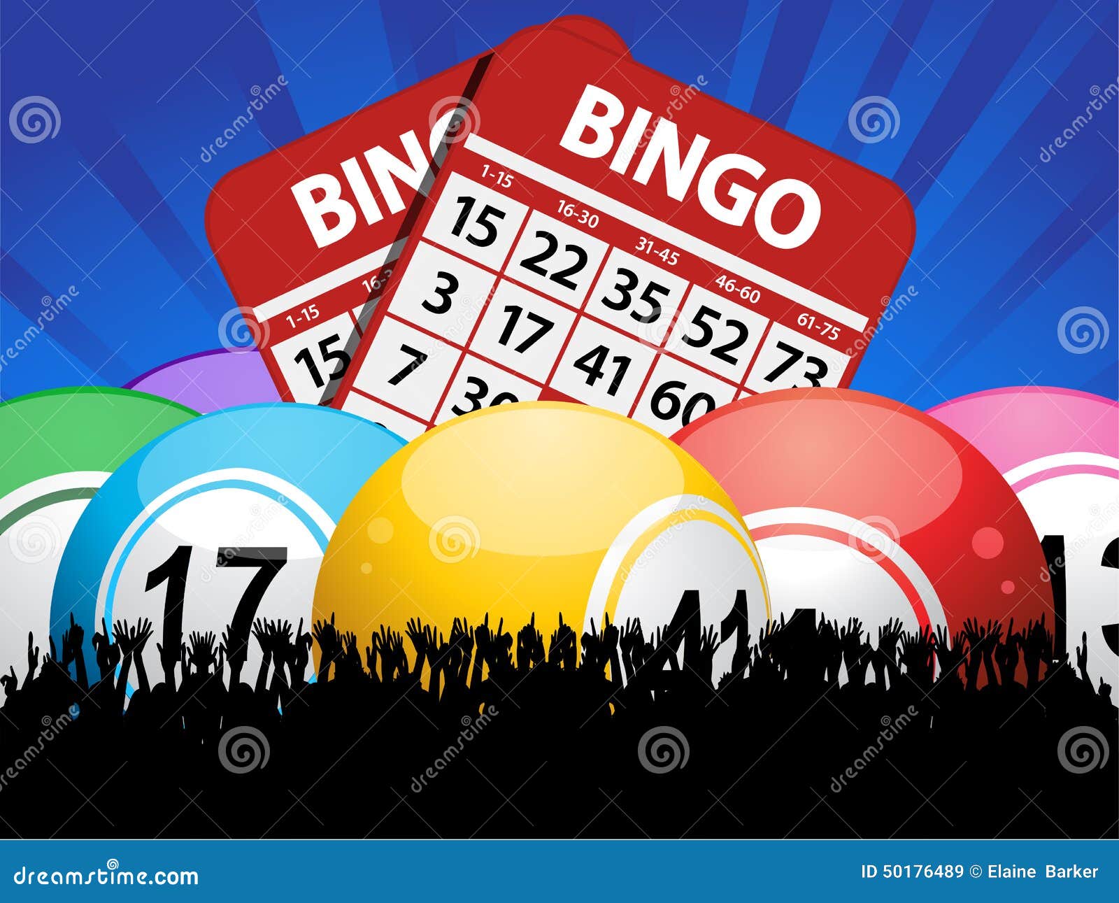Bingo Balls Cards and Crowd on Blue Background Stock Vector ...