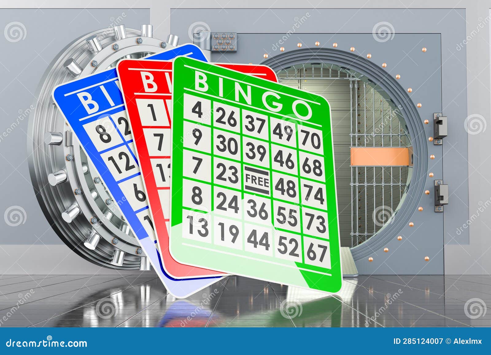 Bingo Cards with Opened Bank Vault, 3D Rendering Stock Illustration ...