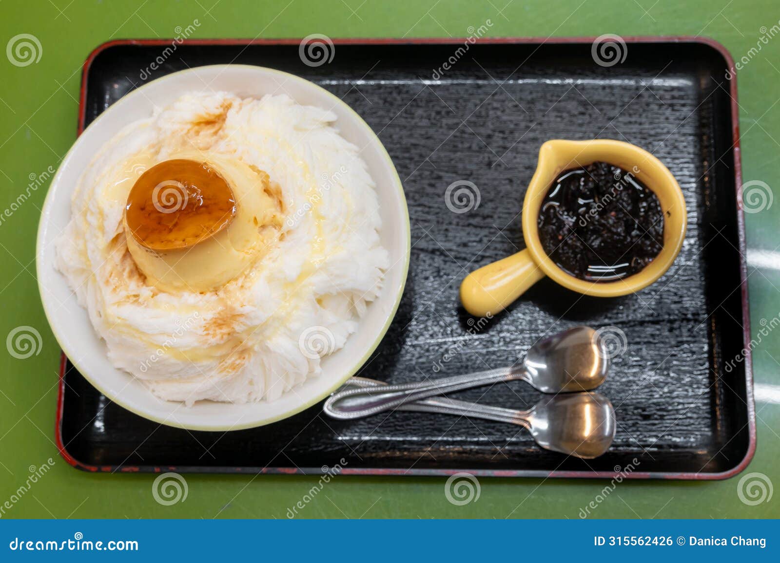 Bingsu, Ice Snow Dessert, with Flan Pudding and Mulberry Stock Photo ...