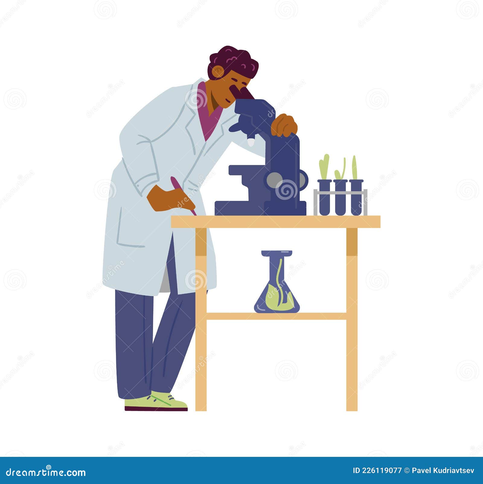 Bio Laboratory Worker Watching Microscope, Flat Vector Illustration ...