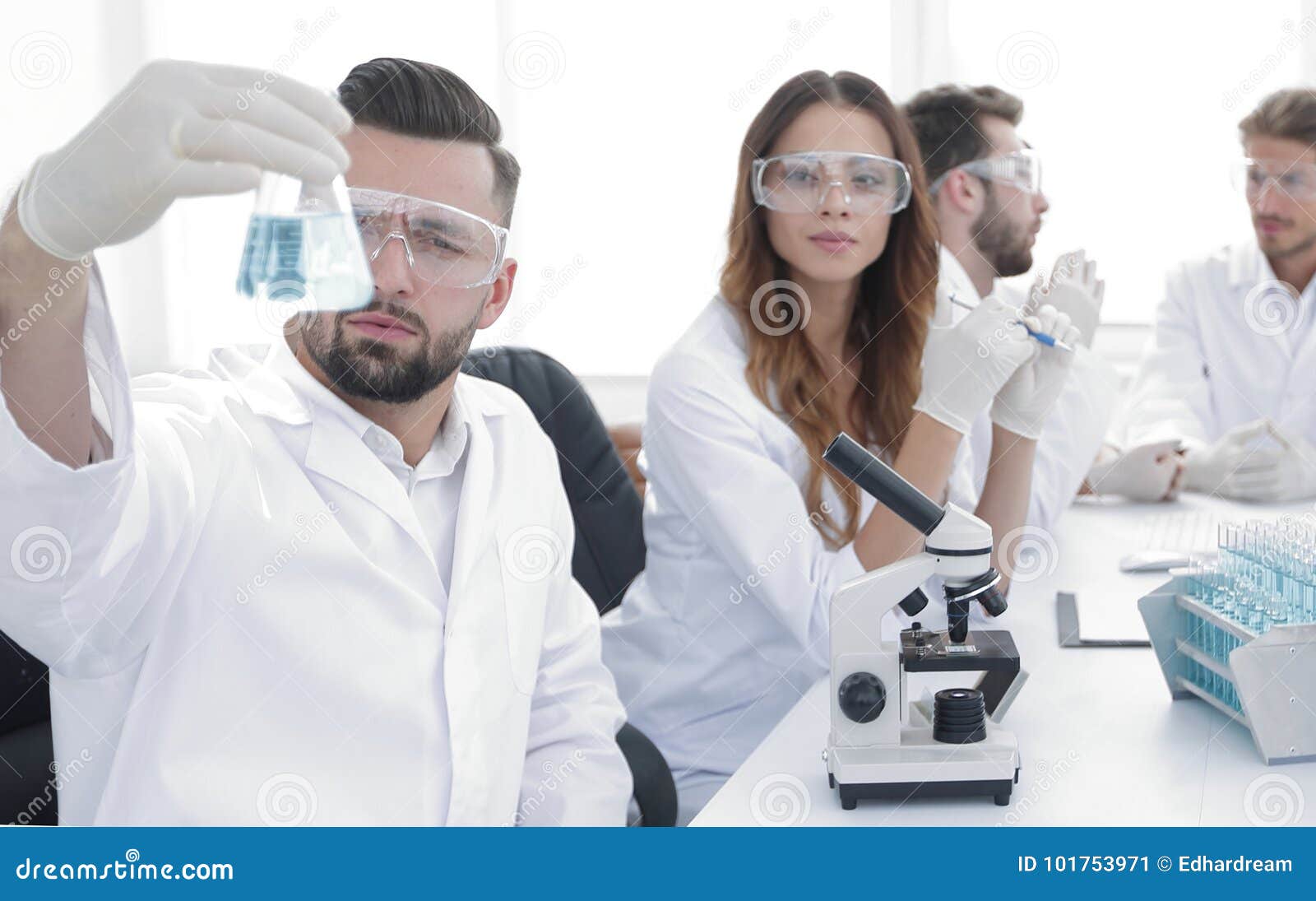 Biochemist with Flask Petri Sitting at a Desk Stock Image - Image of ...