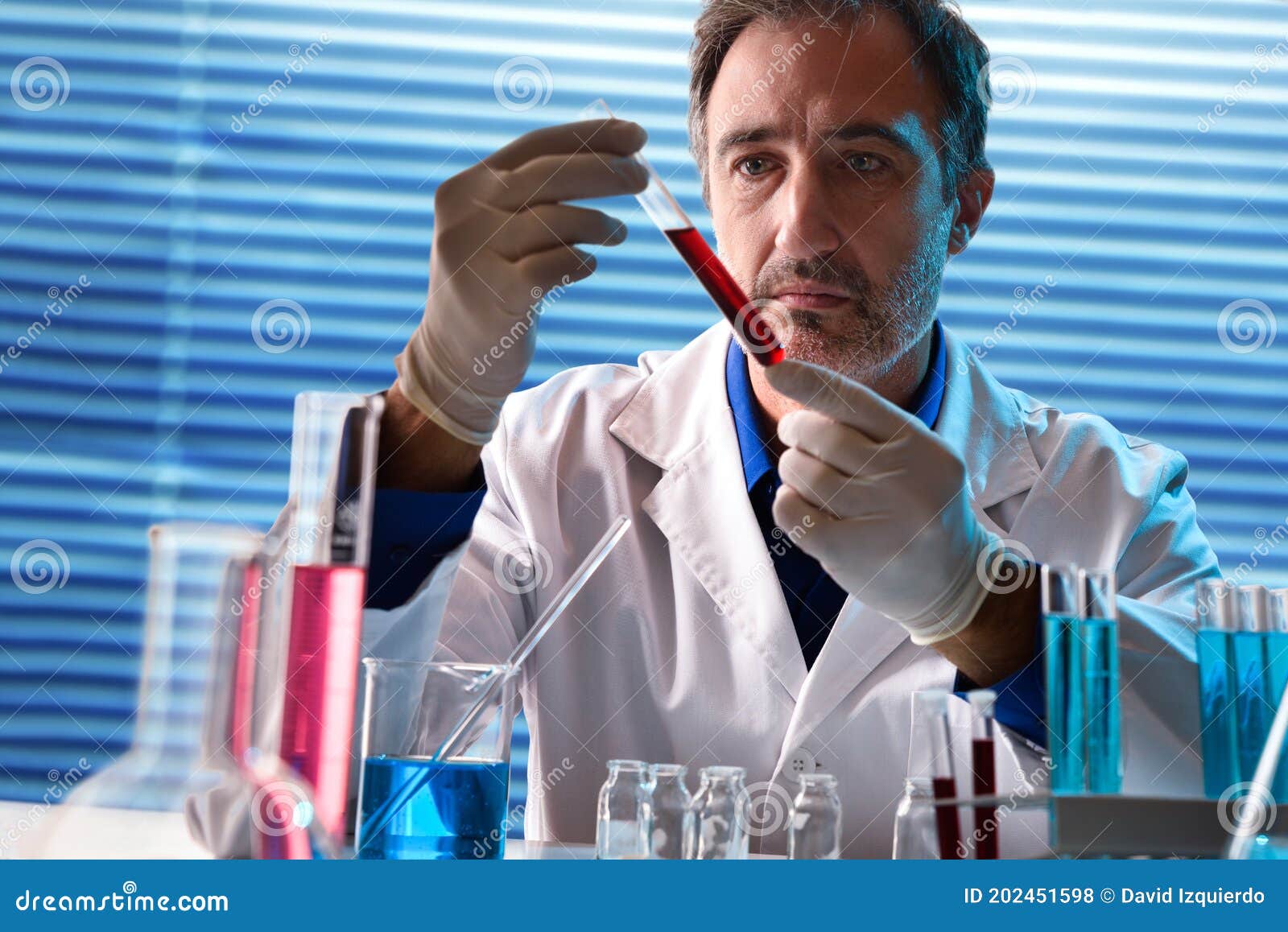 Biochemist in Laboratory Looking at a Sample in Test Tube Stock Photo ...