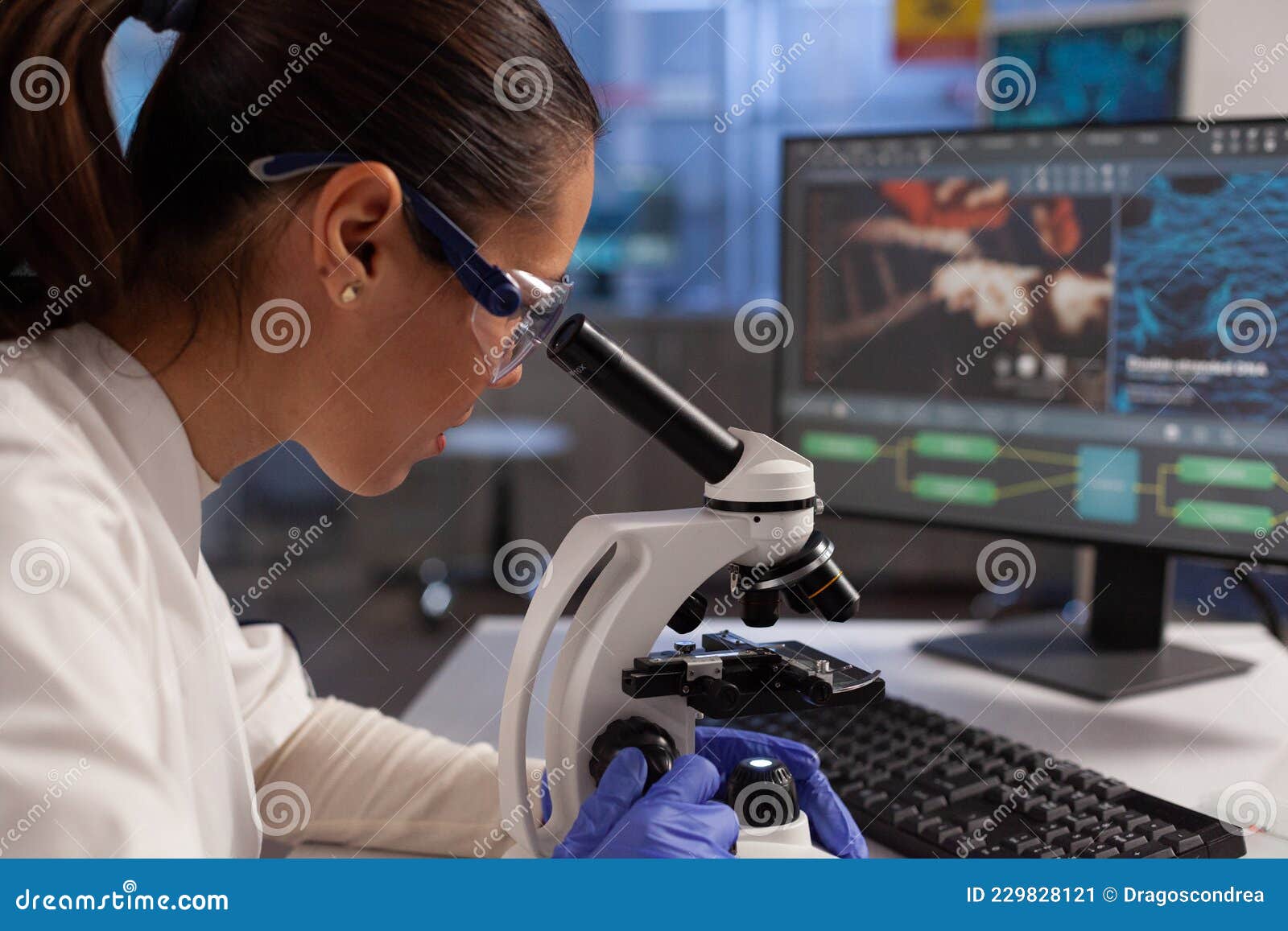 Biochemist Working on Microscope for Cell Illustration Stock Image ...