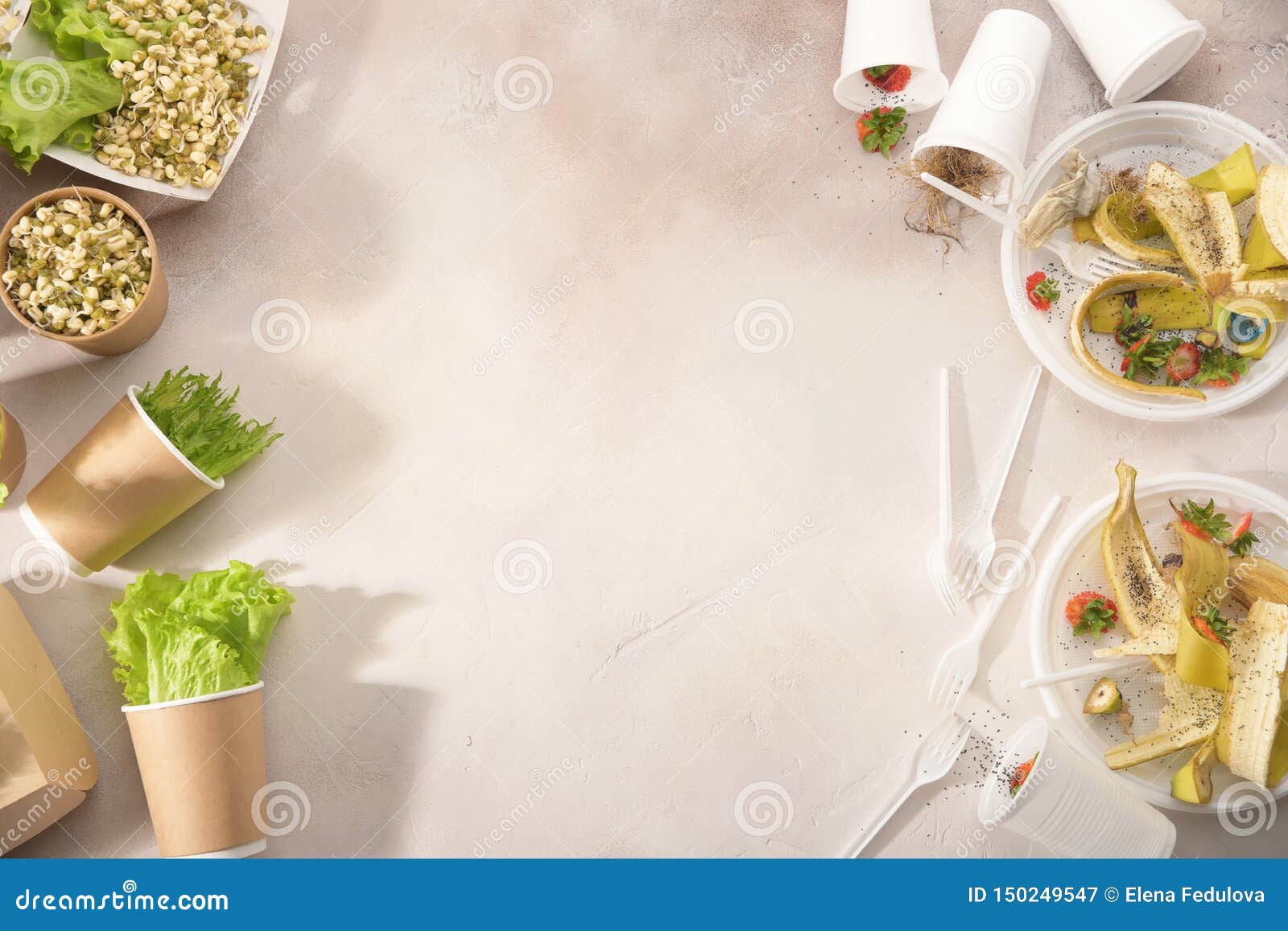Biodegradable and Plastic Tableware on Light Background. Secondary ...