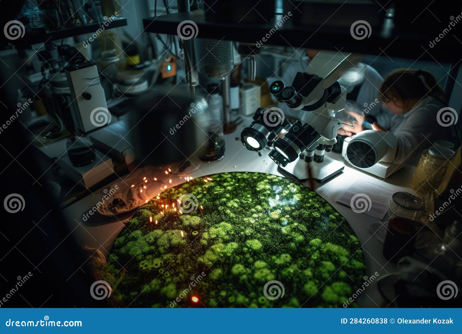 A Bioengineered Plant Growing in a Laboratory, with Scientists in Lab ...