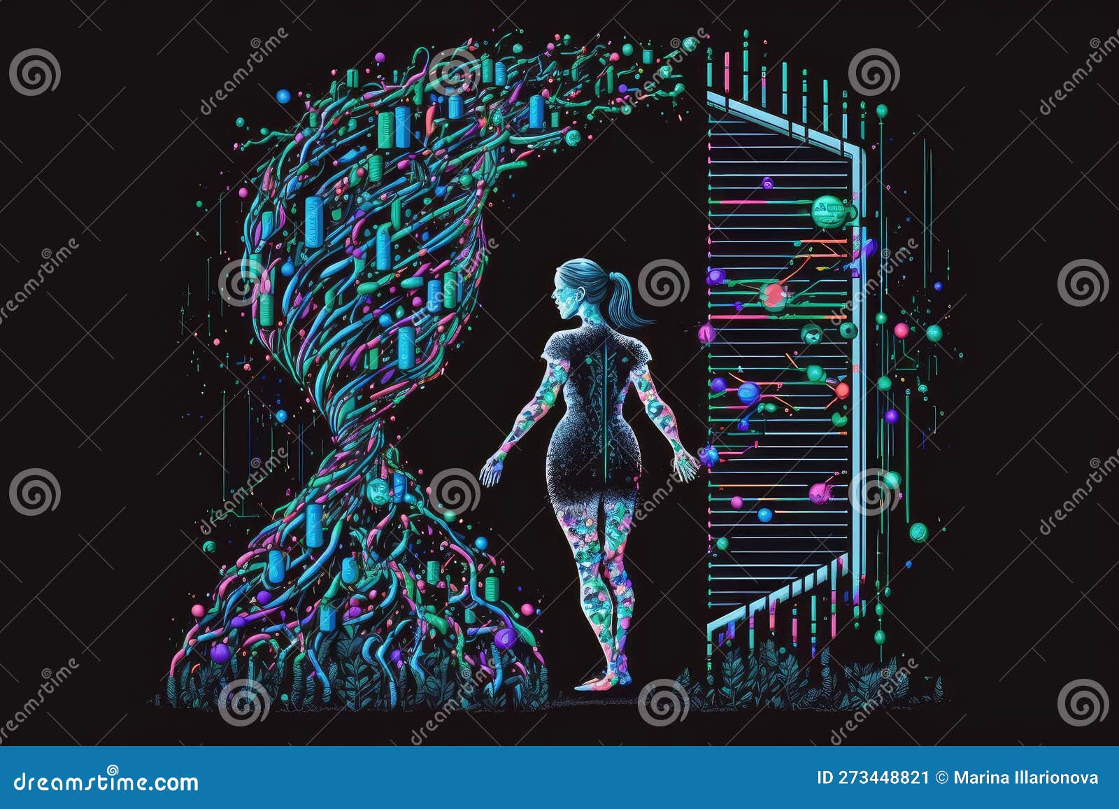 Bioengineering and Medicine, Woman on Background of DNA, Cells and ...