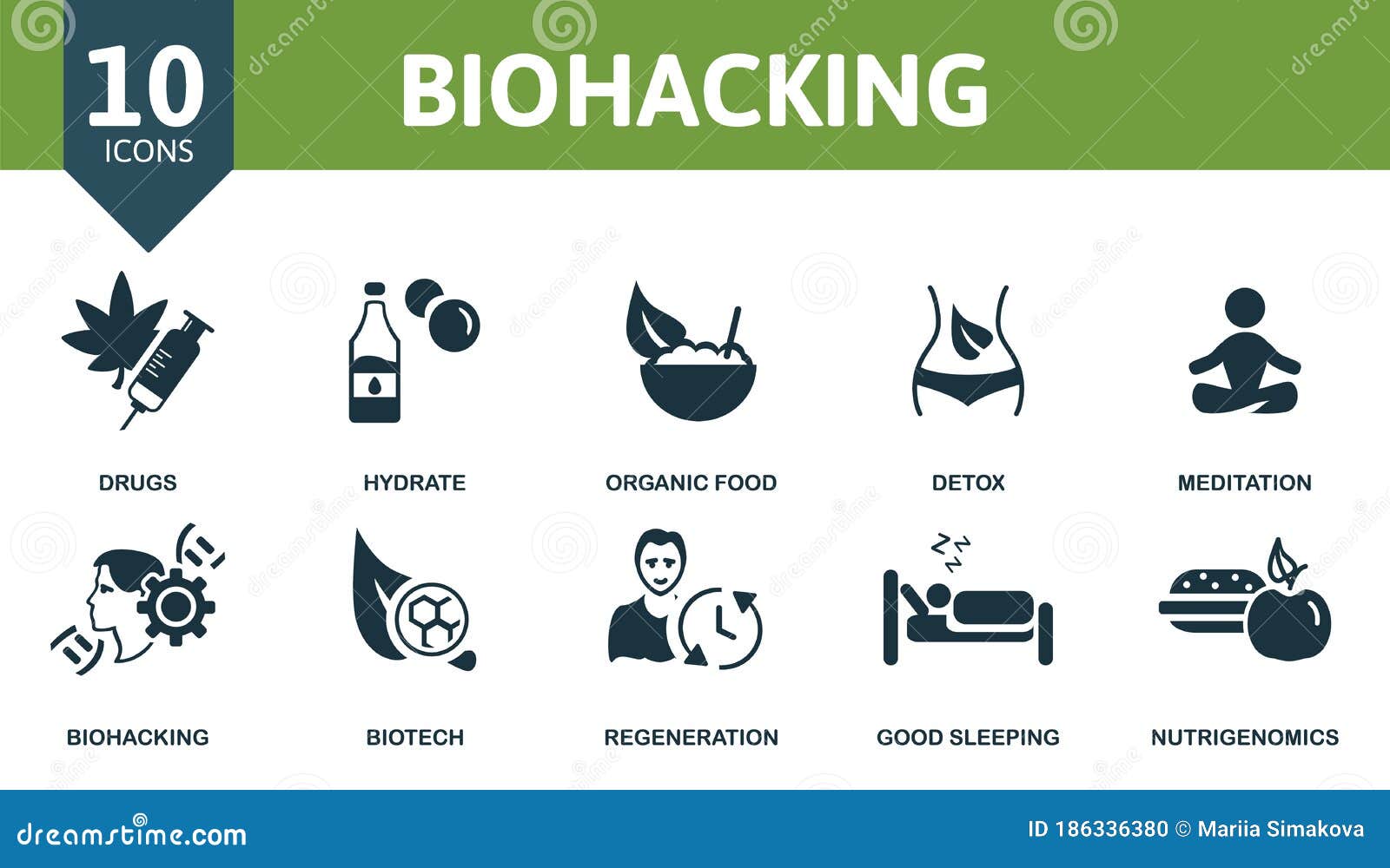 Biohacking Icon Set. Collection Contain Meditation, Hydrate, Biotech ...