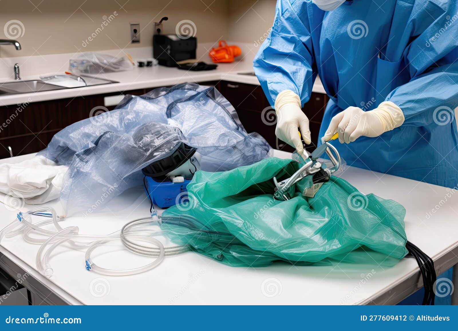 Biohazard Bag Being Filled with Surgical Instruments before ...