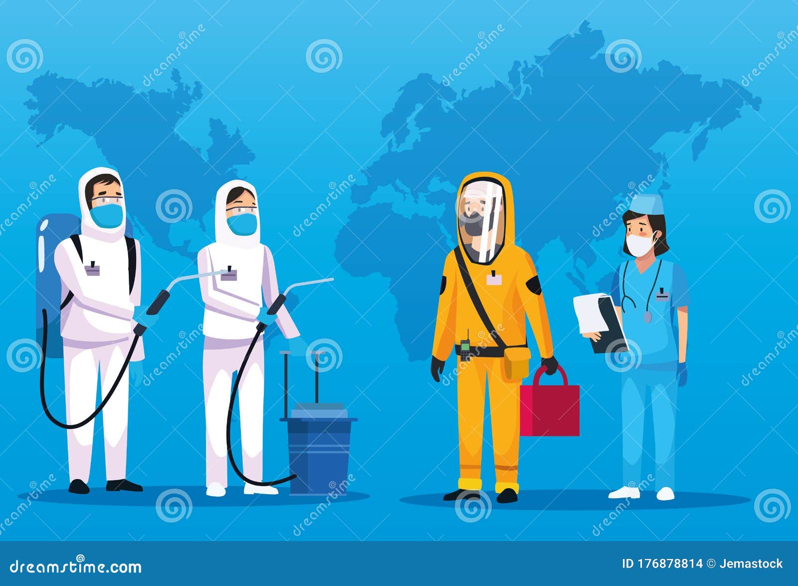 Biohazard Cleaning Persons With Nurse And Earth Maps Vector ...