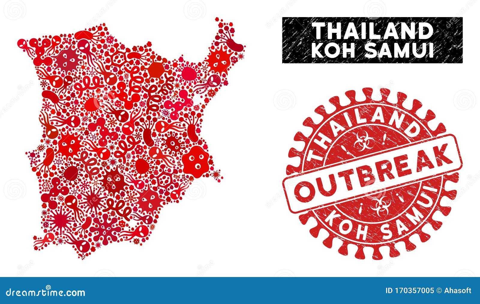 Biohazard Collage Koh Samui Map with Textured OUTBREAK Stamp Stock ...