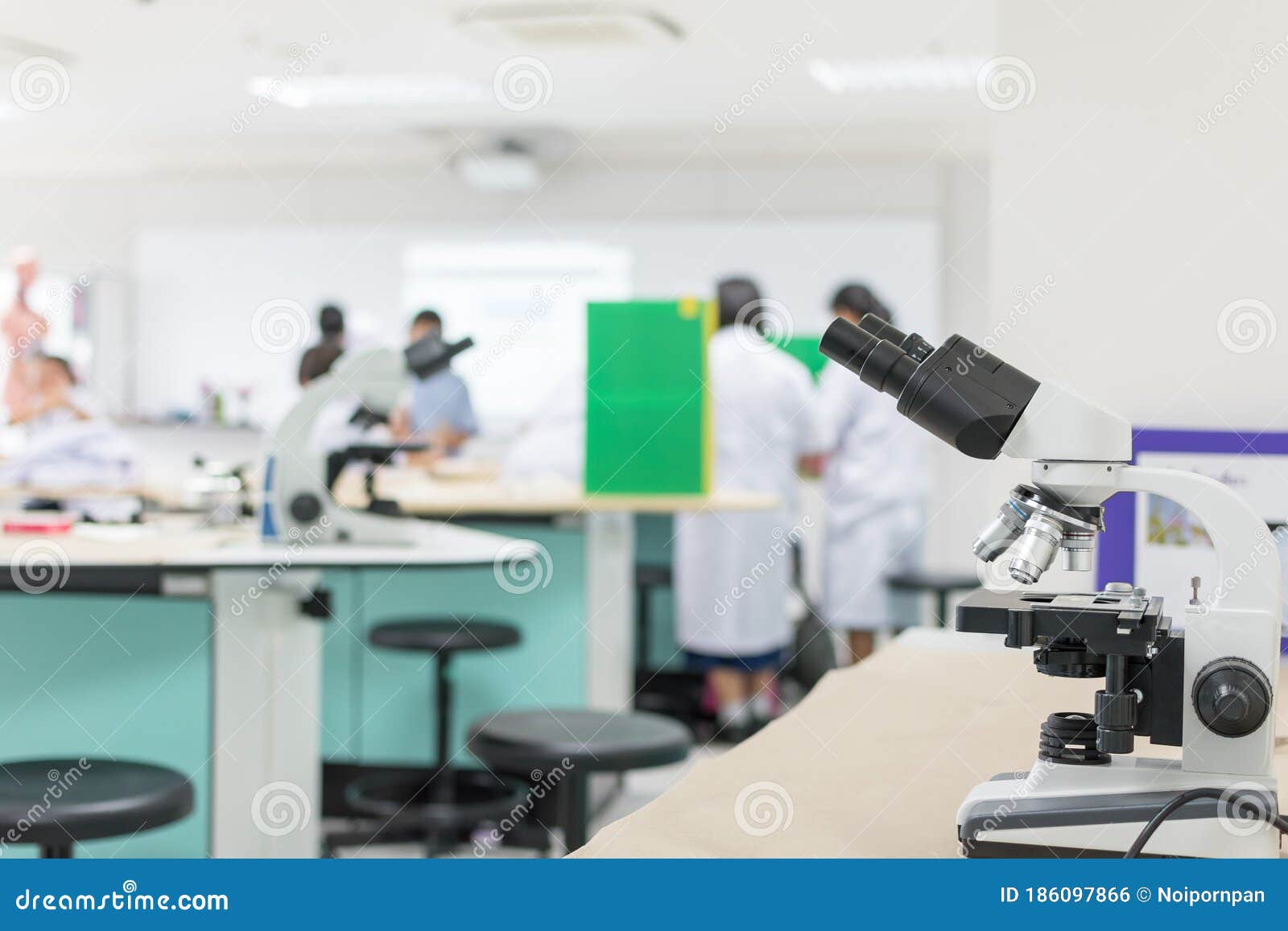 Biology Or Chemistry Science Class Study With Microscope And Blur ...
