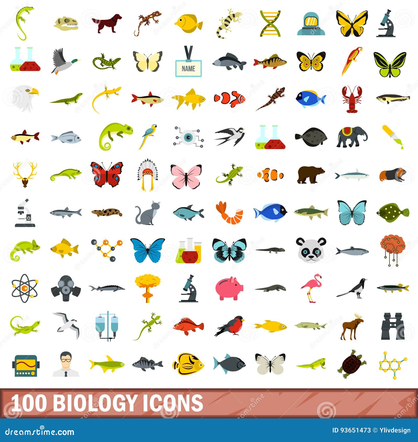 100 Biology Icons Set, Flat Style Stock Vector - Illustration of ...