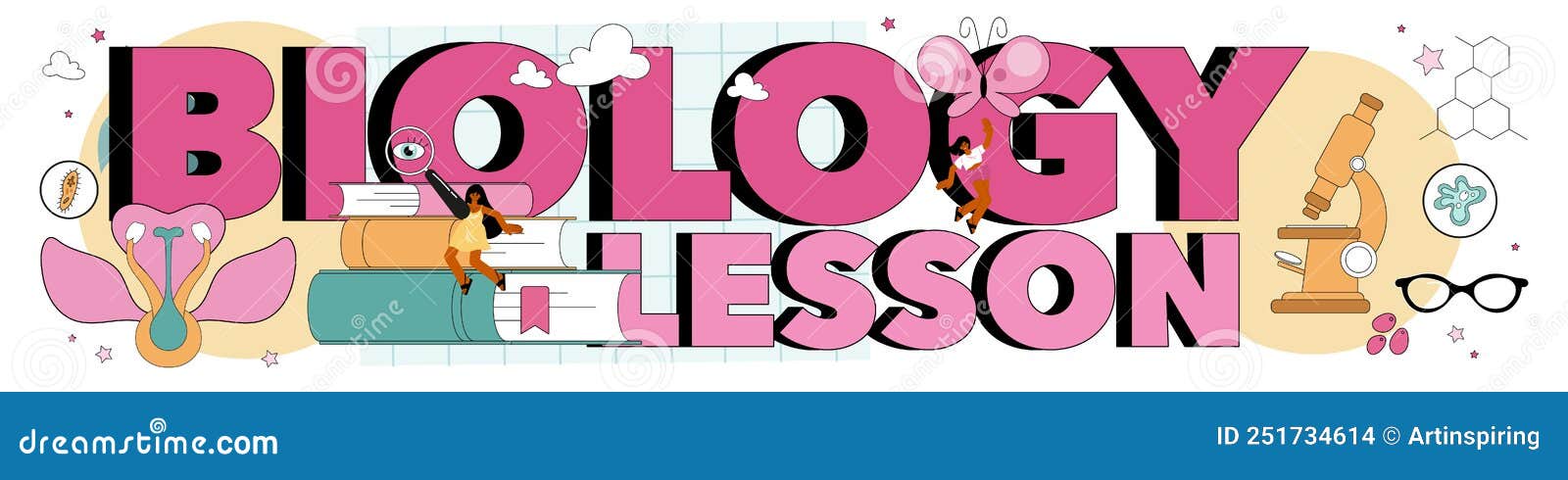 Biology Lesson Typographic Header. Students Exploring Nature and Living ...