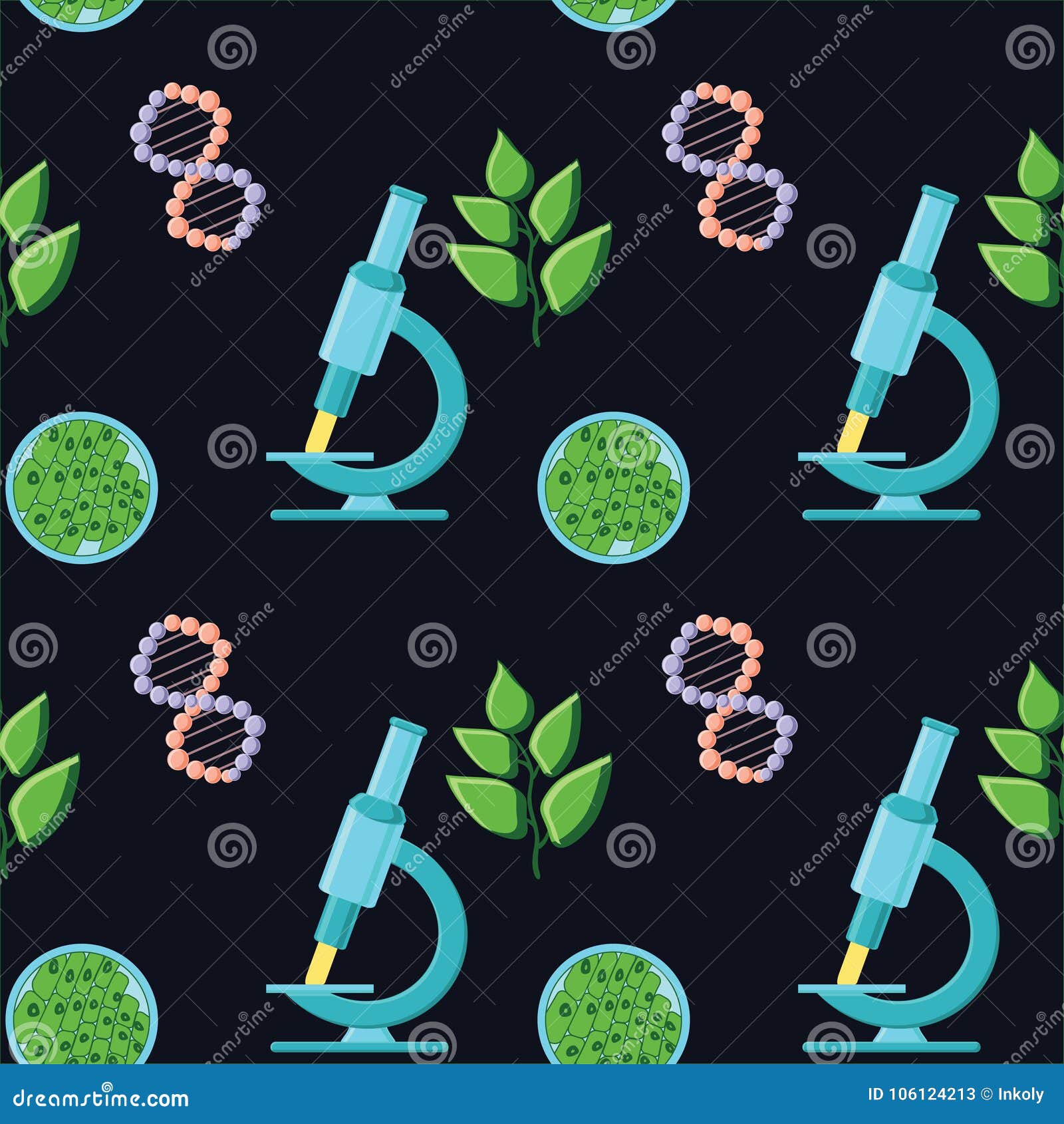Biology Themed Seamless Pattern With Microscopes, Dna Molecules, Plants ...
