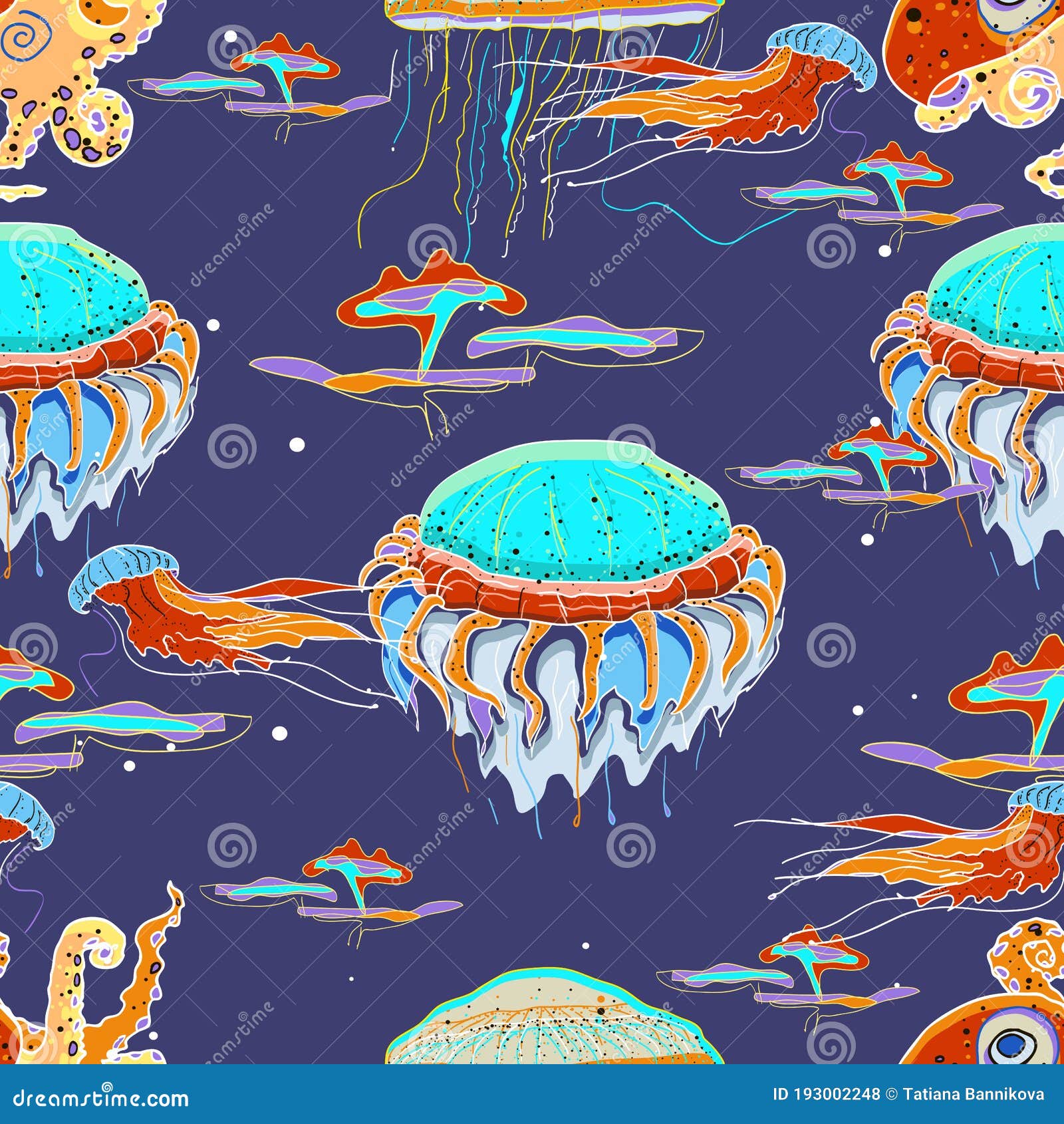 Bioluminescence Deep Underwater Sea Animals.Vector Semless Pattern ...