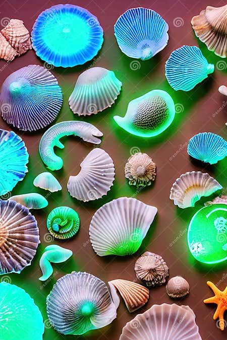 Bioluminescent Abstract Background with Seashells Ai Stock Illustration ...