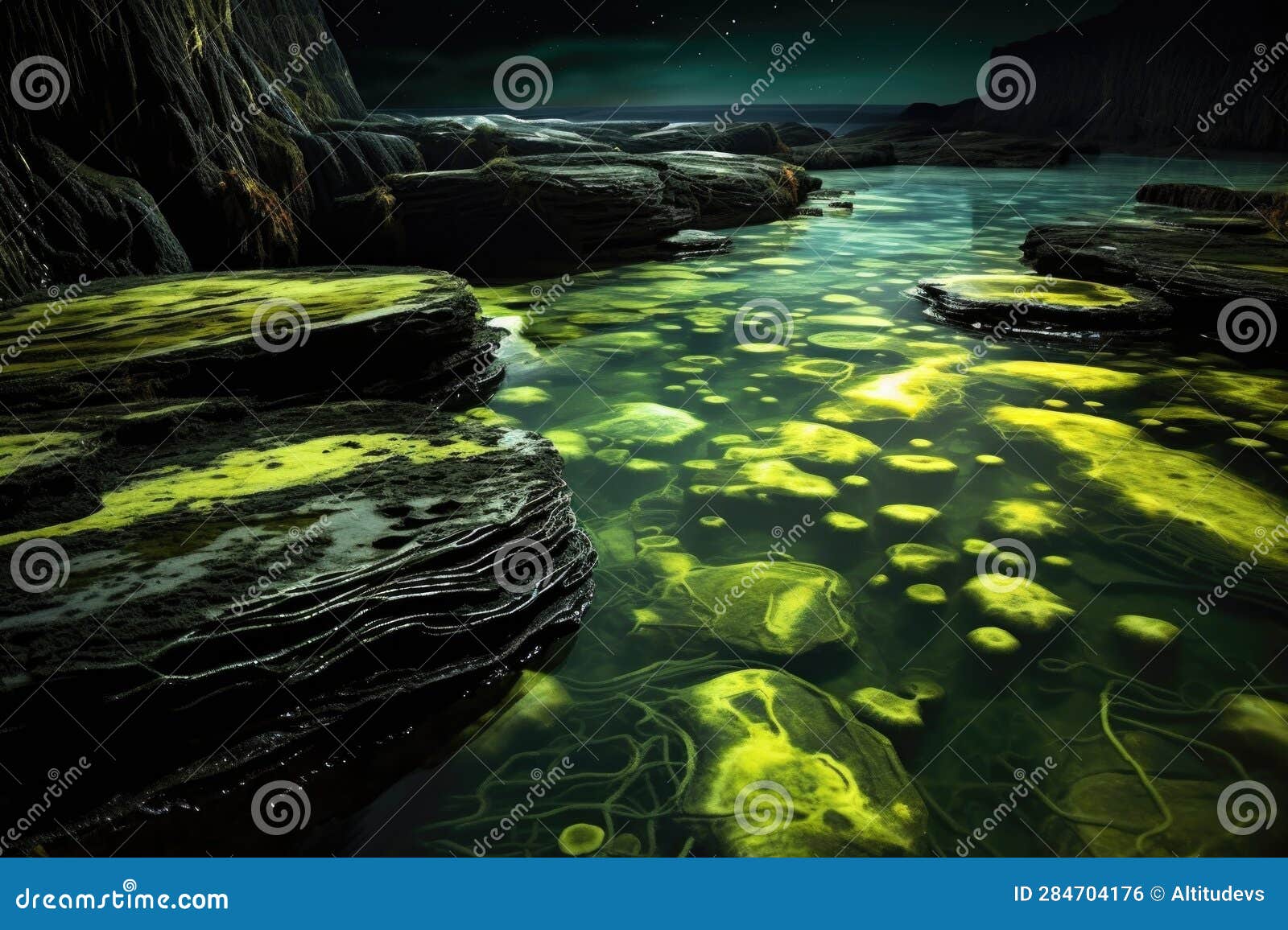 Bioluminescent Algae Patterns in Tide Pool Close-up Stock Illustration ...