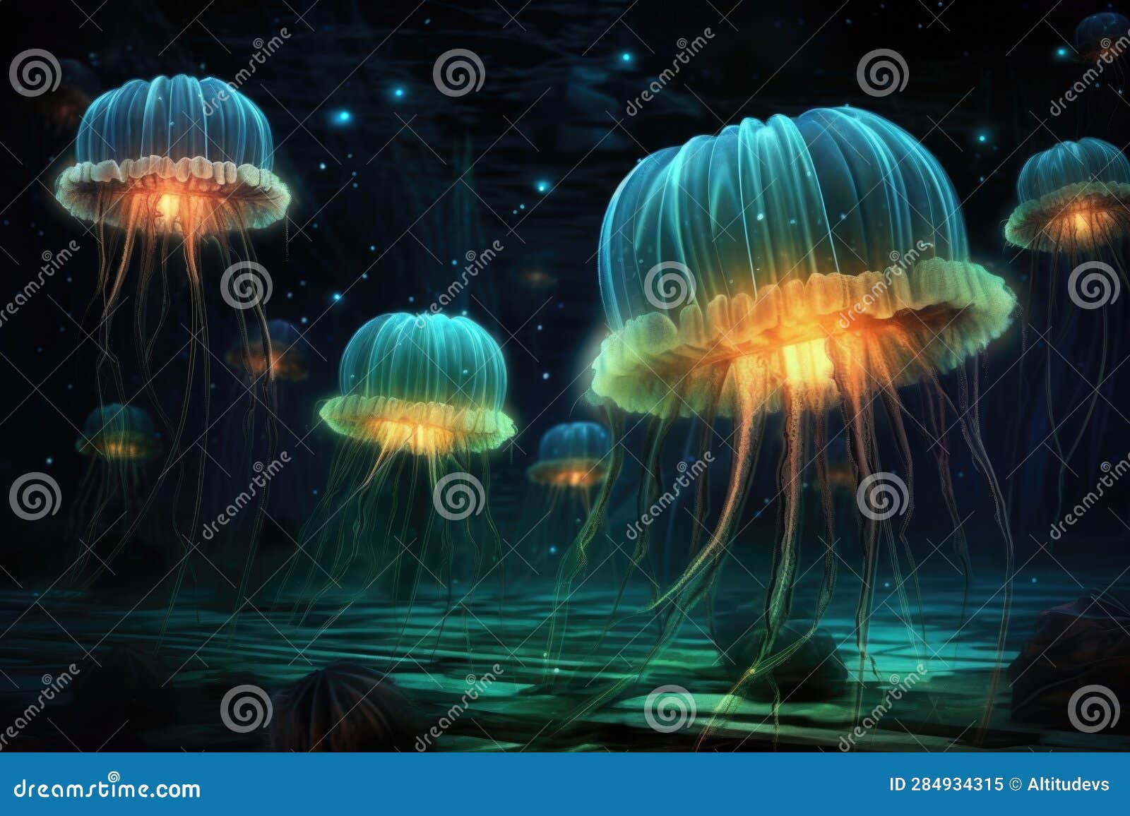 Bioluminescent Comb Jellies Creating a Light Show Underwater Stock ...