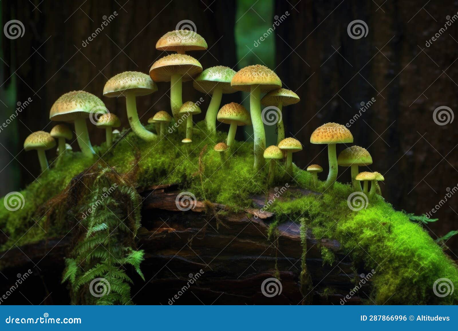 Bioluminescent Mushrooms on Mossy Log Stock Illustration - Illustration ...