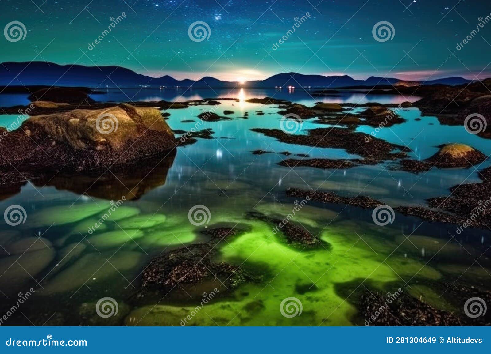 Bioluminescent Tide Pool Reflections Under a Starry Sky Stock ...