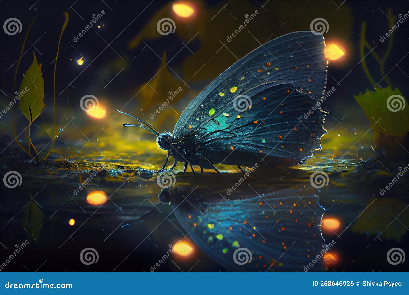 Bioluminiscent Butterfly on Water Fireflies 4k Stock Illustration ...