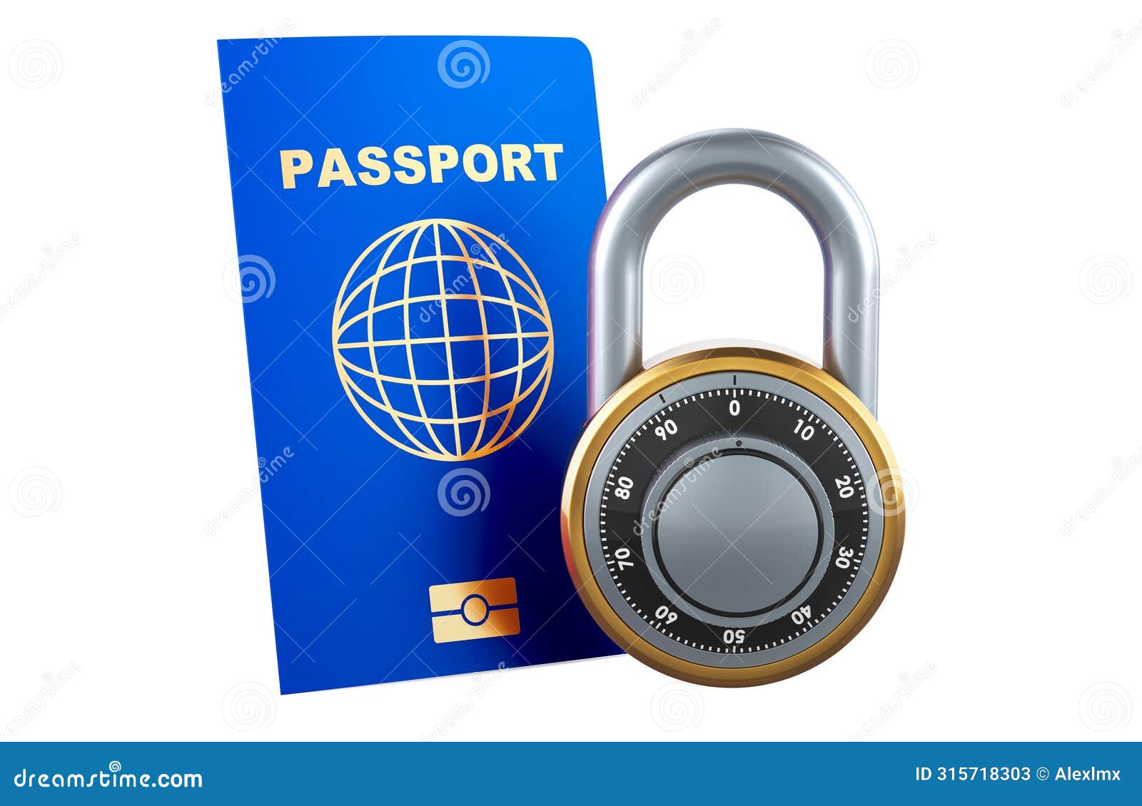 Biometric Passport, International Passport with Padlock. 3D Rendering ...