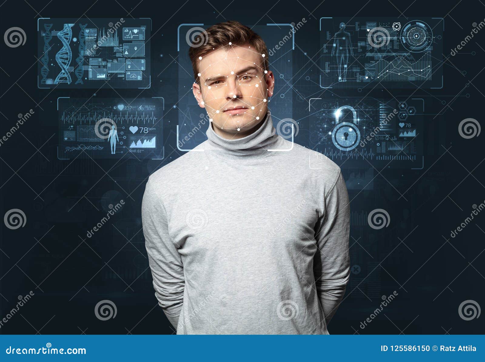 Young man face recognition stock photo. Image of biometrics - 125586150