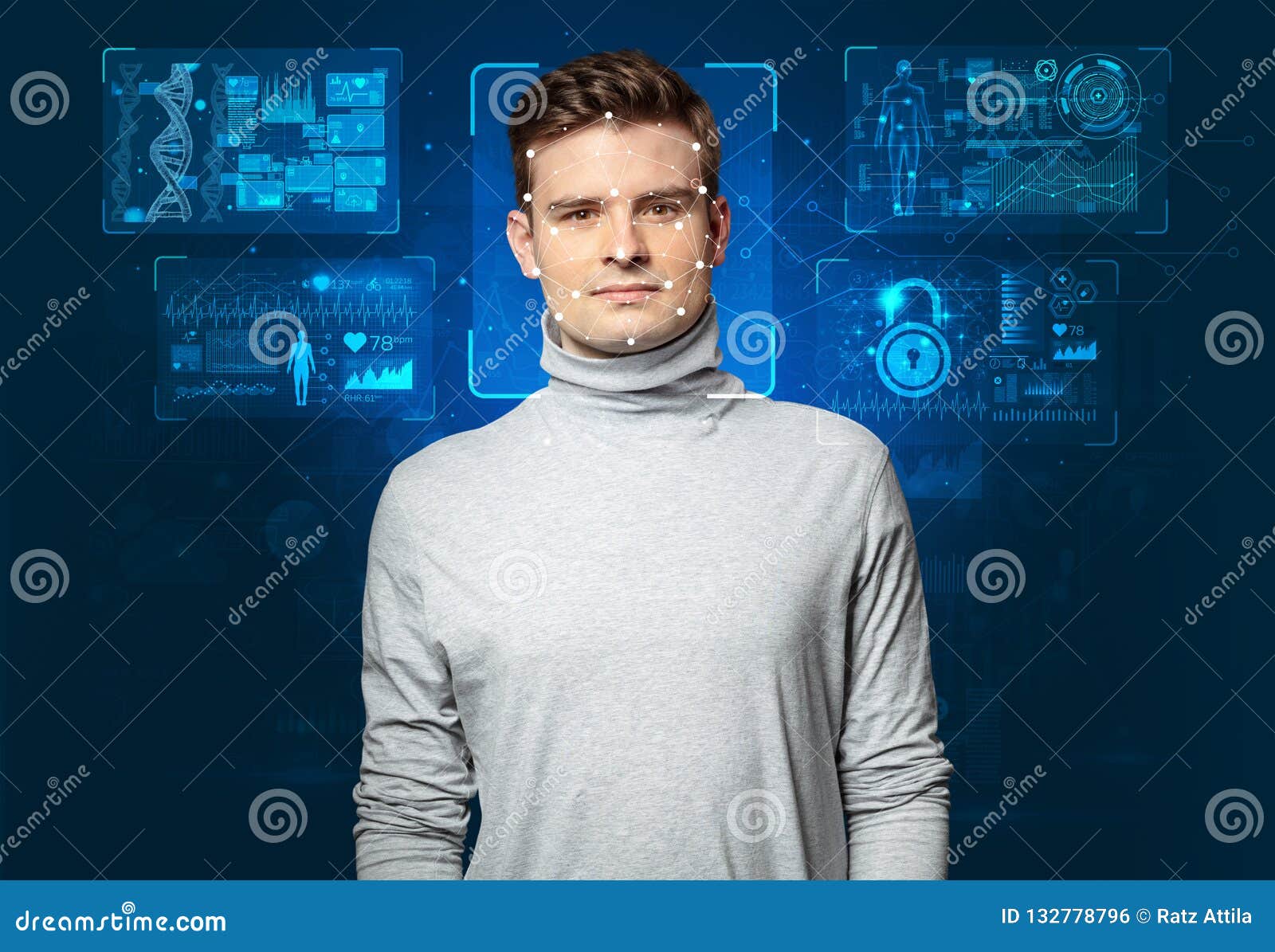 Young man face recognition stock photo. Image of biometric - 132778796