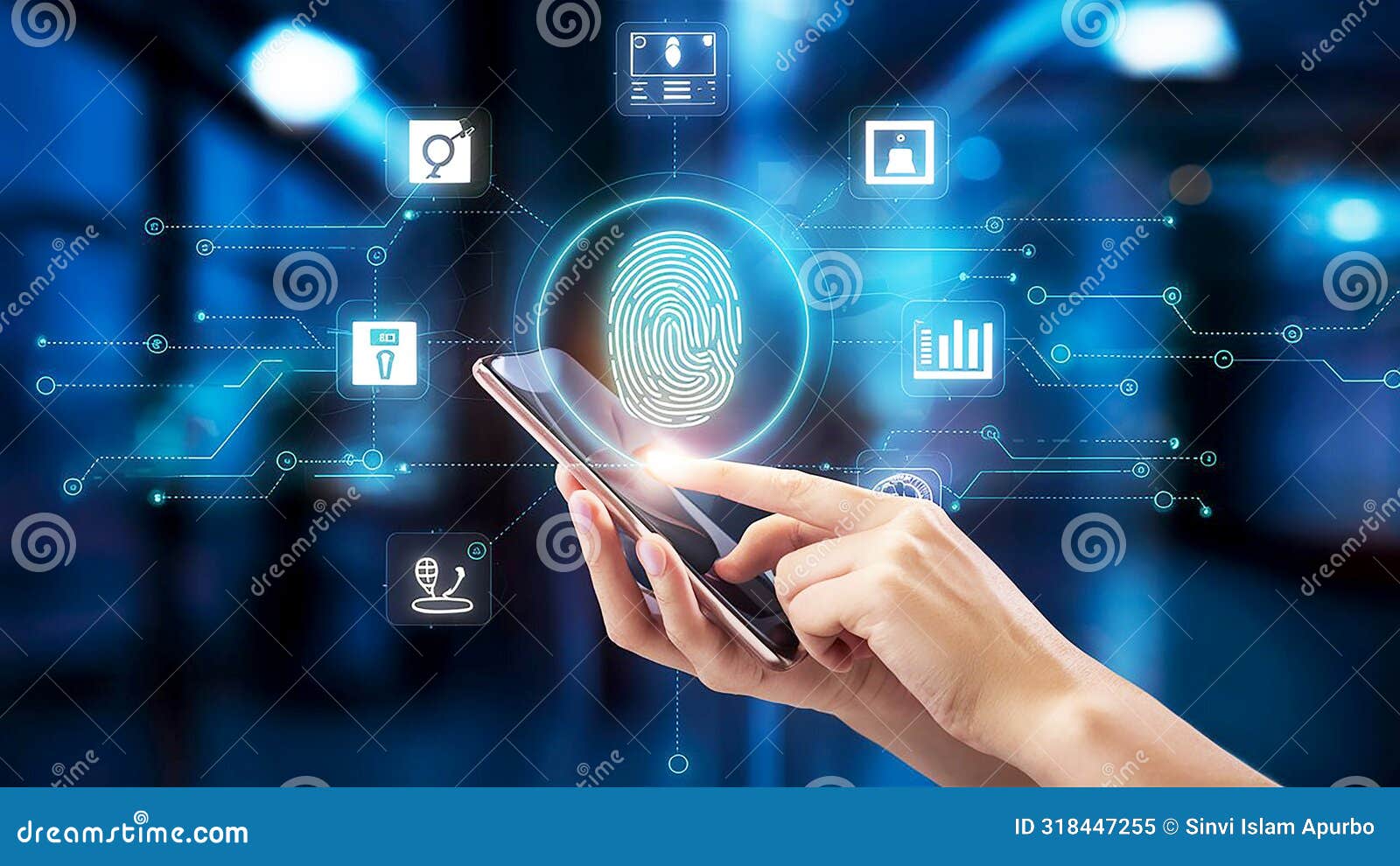 Biometrics Cyber Security System. Woman Using Fingerprint Data Personal ...