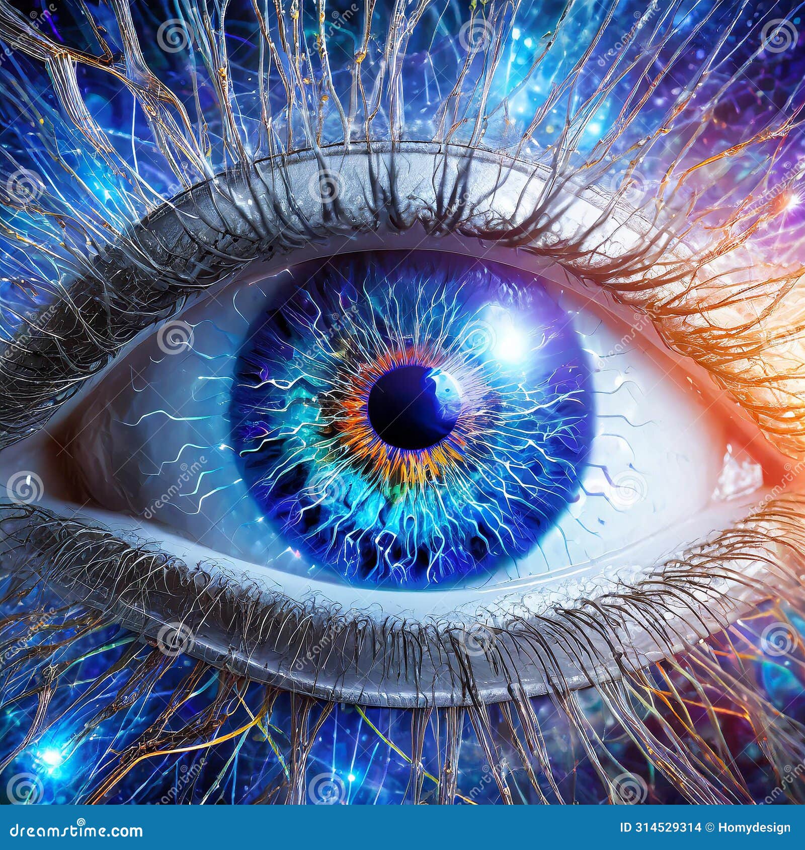 A Bionic Eye with a Glowing Blue Iris, Interlaced Metallic Filaments ...