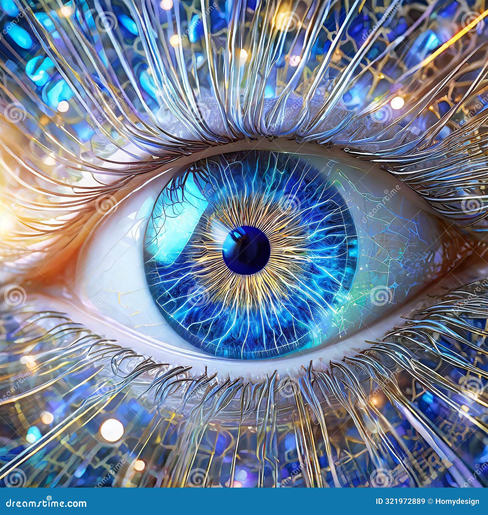 A Bionic Eye with a Glowing Blue Iris, Interlaced Metallic Filaments ...