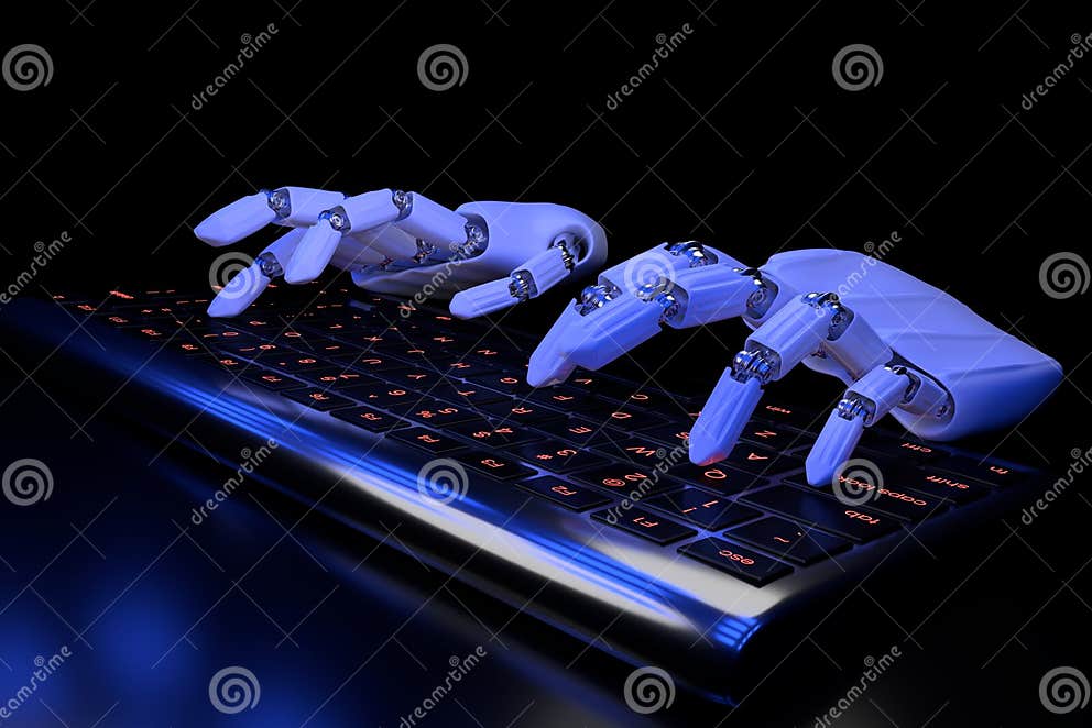 Bionic Hands Typing on Keyboard. Robotic Arm Cyborg Using Computer. 3d ...