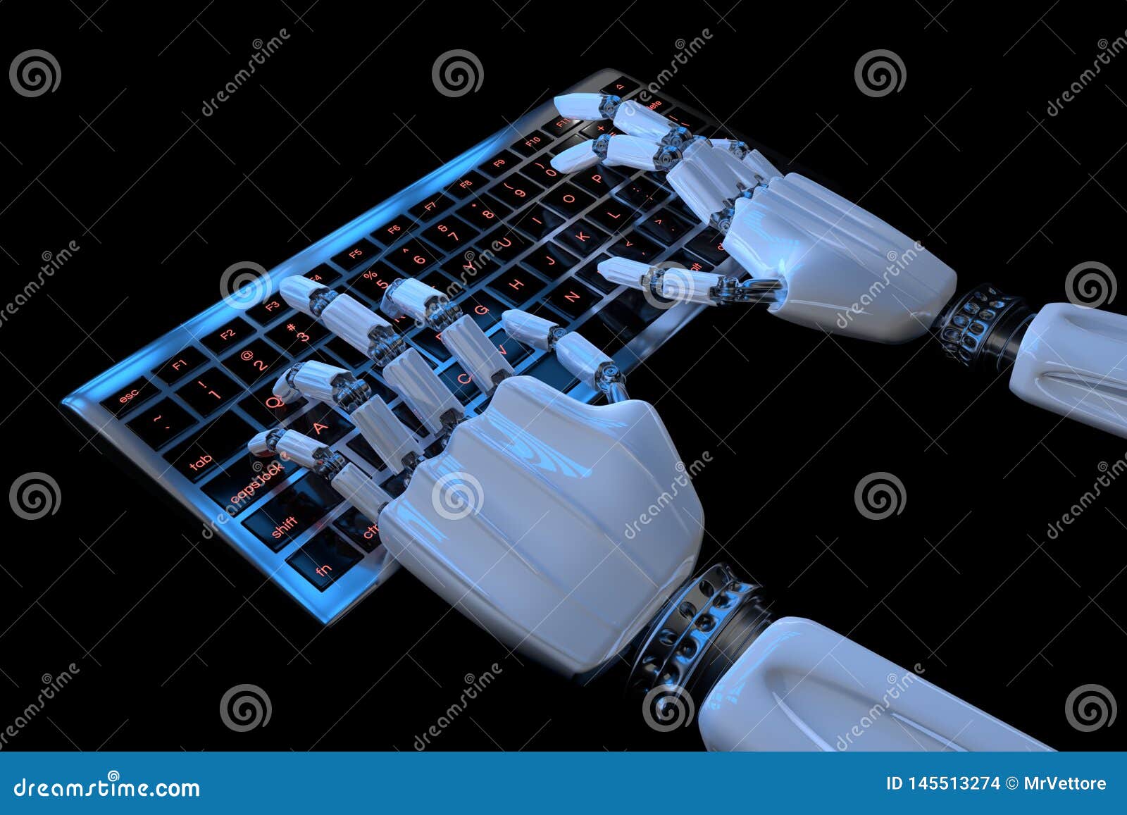 Bionic Hands Typing on Keyboard. Robotic Arm Cyborg Using Computer. 3d ...