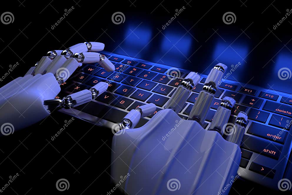 Bionic Hands Typing on Keypad, Keyboard. Robotic Arm Cyborg Using ...
